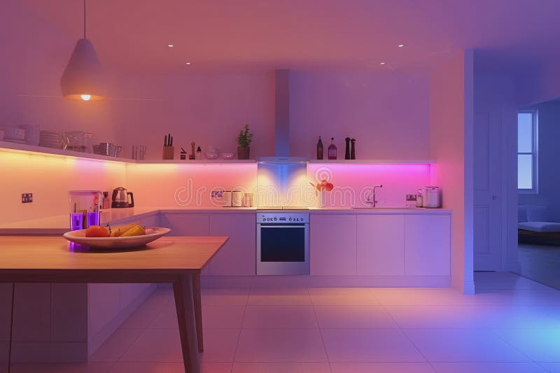 Minimalist Kitchen with Warm Lighting, Wooden Table, and Space for ...