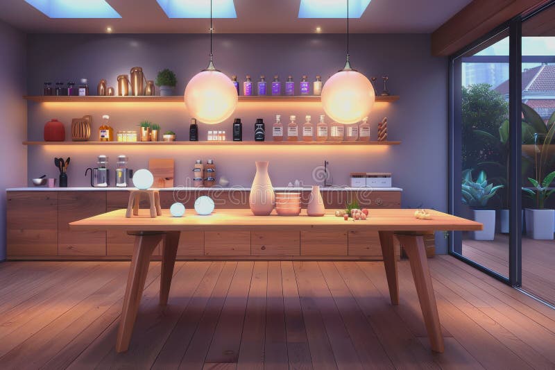 Minimalist Kitchen with Warm Lighting, Wooden Table, and Space for ...