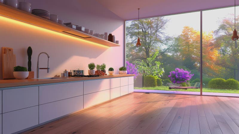 Minimalist Kitchen with Warm Lighting, Wooden Table, and Space for ...