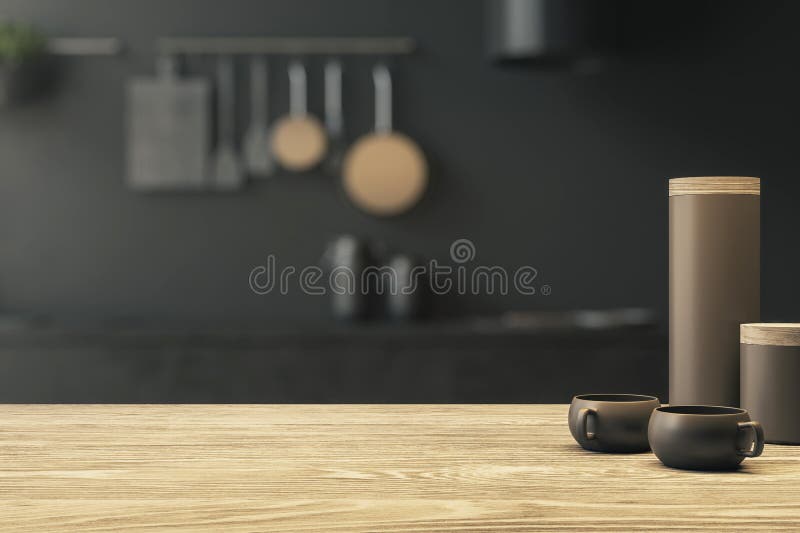 Minimalist Kitchen with Wooden Tabletop and Blurred Background. Product ...