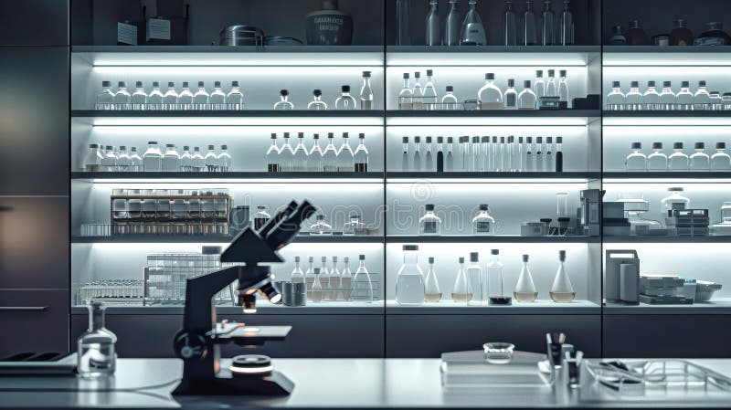 A Minimalist Laboratory Displays a Black Microscope, Glassware, and ...