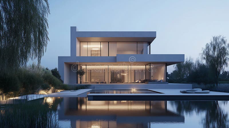 Minimalist Lake House Reflecting Pools Ambient Lighting Stock Photo ...