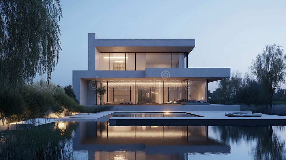 Minimalist Lake House Reflecting Pools Ambient Lighting Stock Photo ...