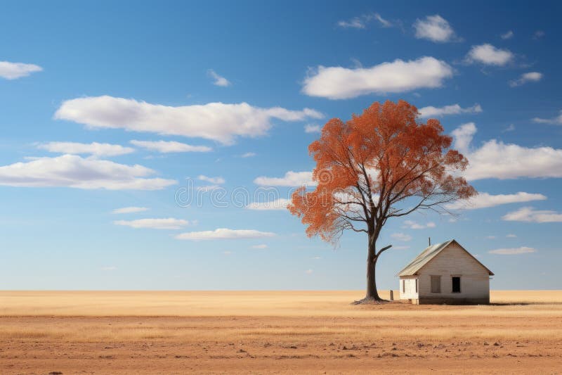Minimalist Landscape with Alone Tree and House. Generative AI Stock ...