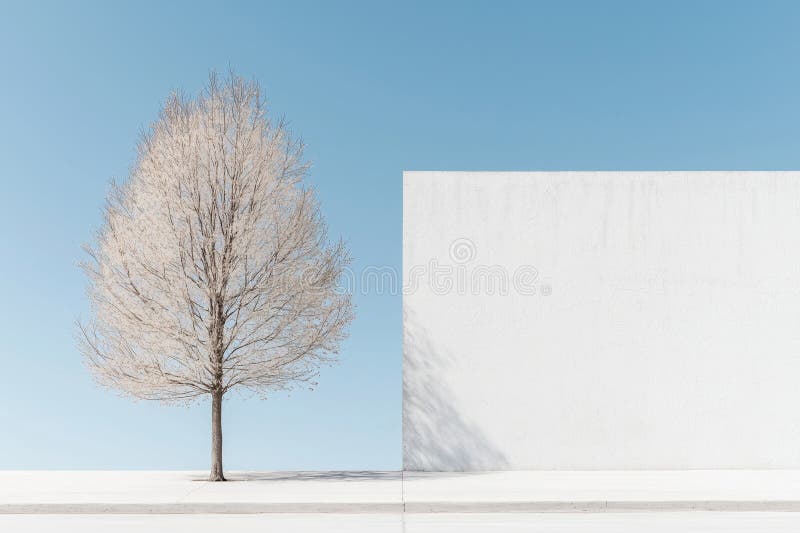 Minimalist Landscape with Bare Tree and Modern White Wall Under Clear ...