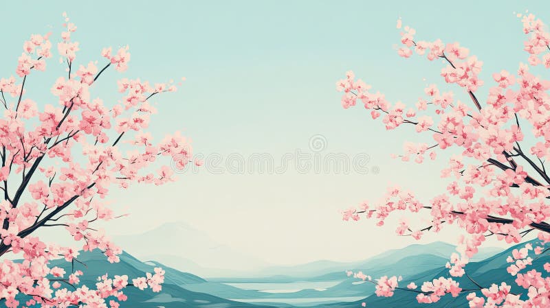 Minimalist Landscape with Blooming Sakuras. Stock Illustration ...