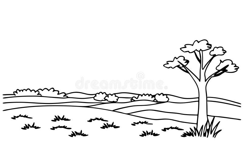 Minimalist Landscape Drawing with Tree and Rolling Hills in Black and ...
