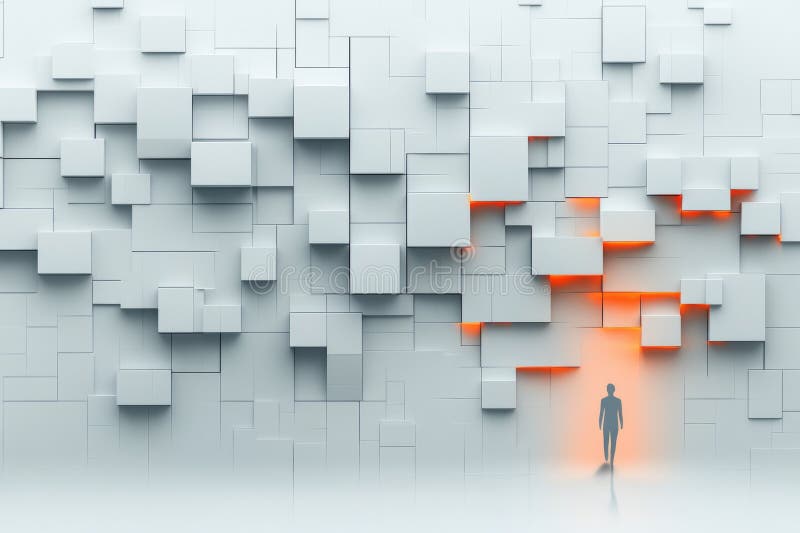 A Minimalist Landscape Featuring a Figure and Floating Geometric Shapes ...