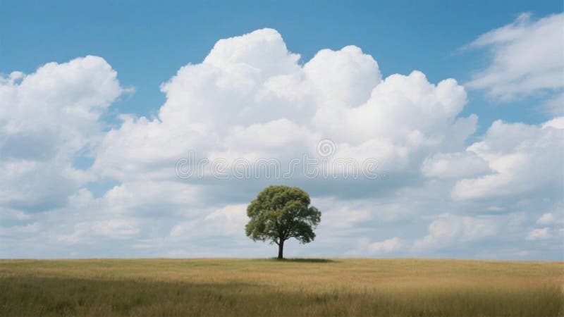 Lone Tree in Open Field Under Majestic Clouds Stock Image - Image of ...