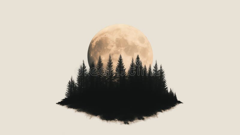 Minimalist Landscape with Full Moon and Silhouetted Pine Trees for ...