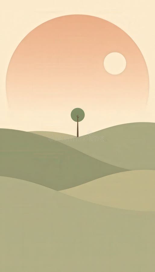 Minimalist Landscape Illustration Featuring Rolling Green Hills, Single Tree, and Large Sun with ...