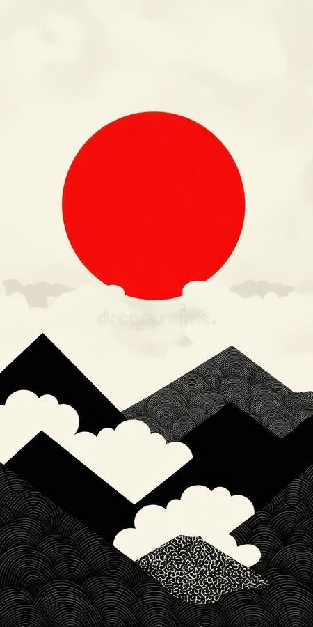 Minimalist Landscape with Red Sun Over Stylized Mountains Stock Image ...