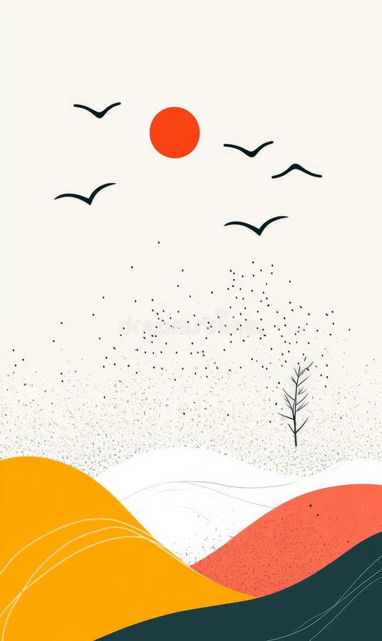 Minimalist Landscape with a Red Sun, Three Birds, Hills, and a Tree ...