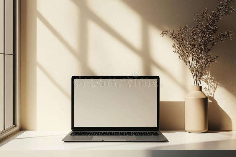 Minimalist Laptop Mockup. Blank Screen Computer on Cozy Office Desk ...