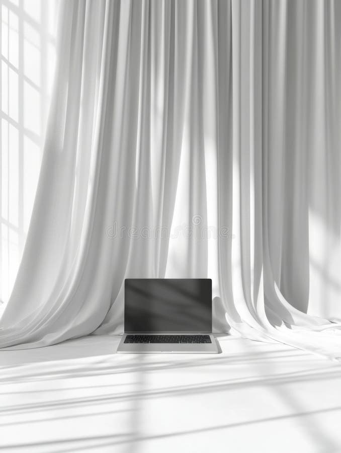 Minimalist Laptop Setup Against Elegant White Drapes with Soft Sunlight ...
