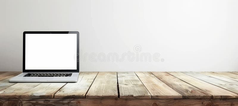 Minimalist Laptop Setup on Wooden Desk with Blank Wall, Clean Desktop ...