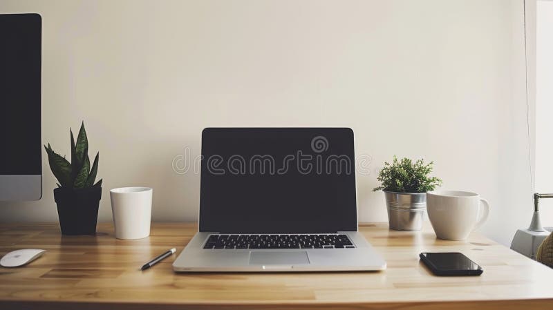 Minimalist Laptop Setup on Wooden Table with Blank Wall Background and ...