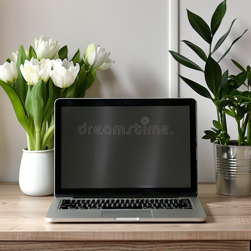 Minimalist Laptop Setup on Wooden Table with Blank Wall Background and ...