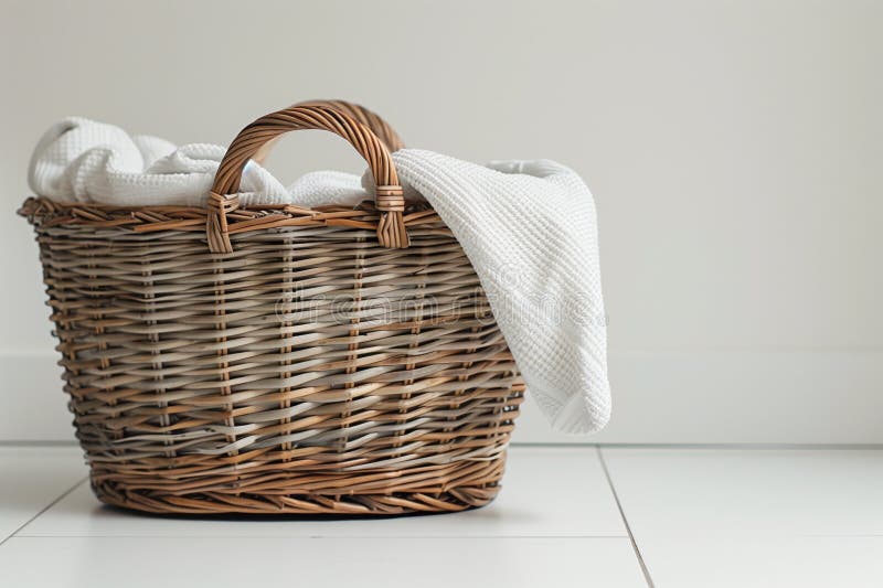 Minimalist Laundry Basket with White Towel on a Clean Background. Stock ...