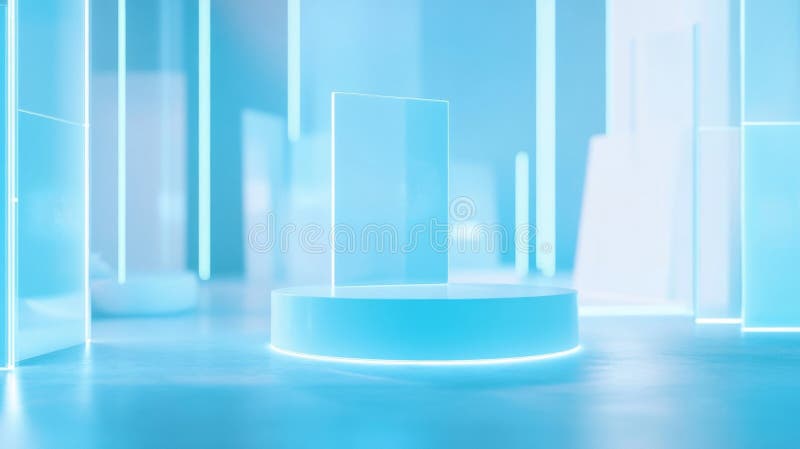 A Minimalist Light-Blue Interior with a Glowing Circular Platform and a ...