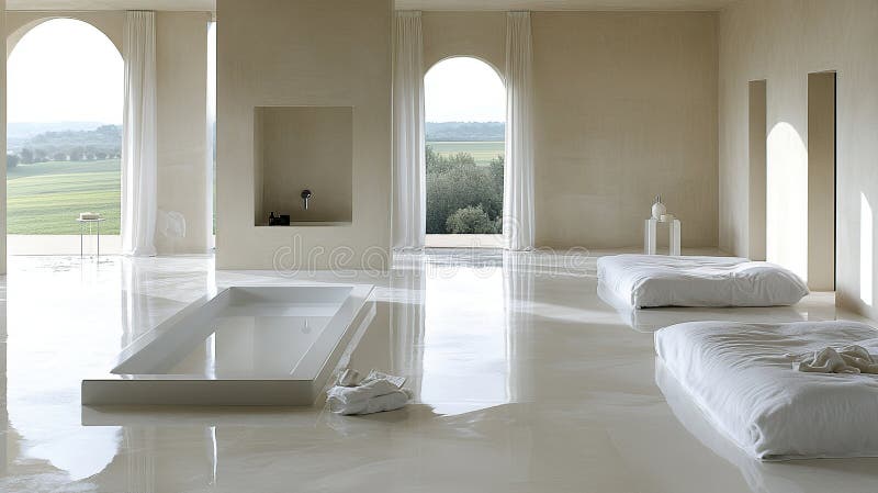 Minimalist, Light-filled Retreat with Outdoor Views Stock Illustration ...