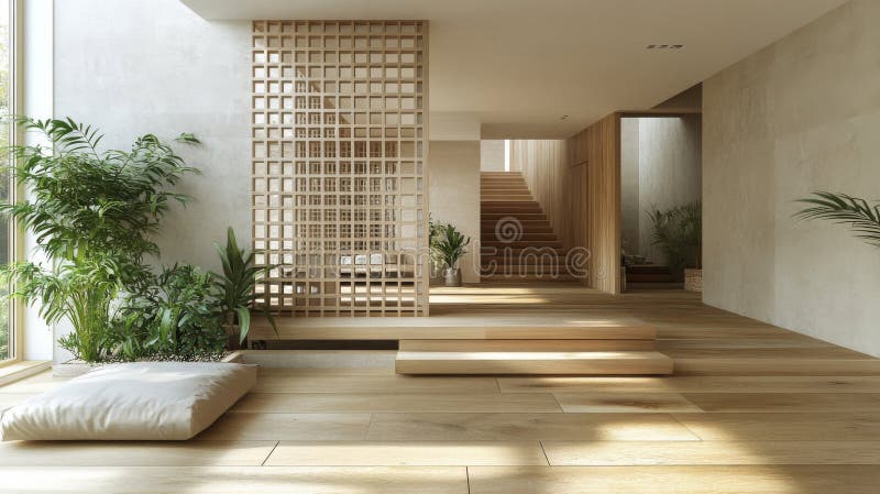 Minimalist Light Wood Interior Design with Plants Stock Illustration ...