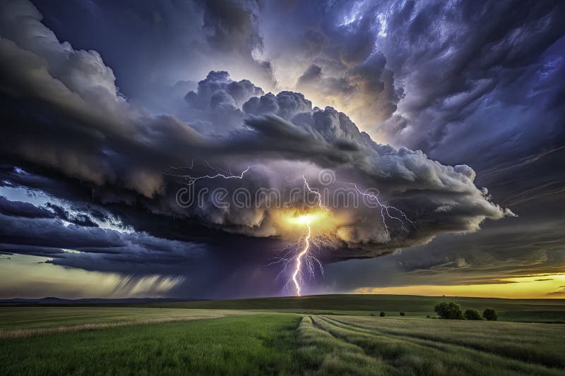 Minimalist Lightning Strike Across a Grassy Plain a Dramatic Cloudscape ...