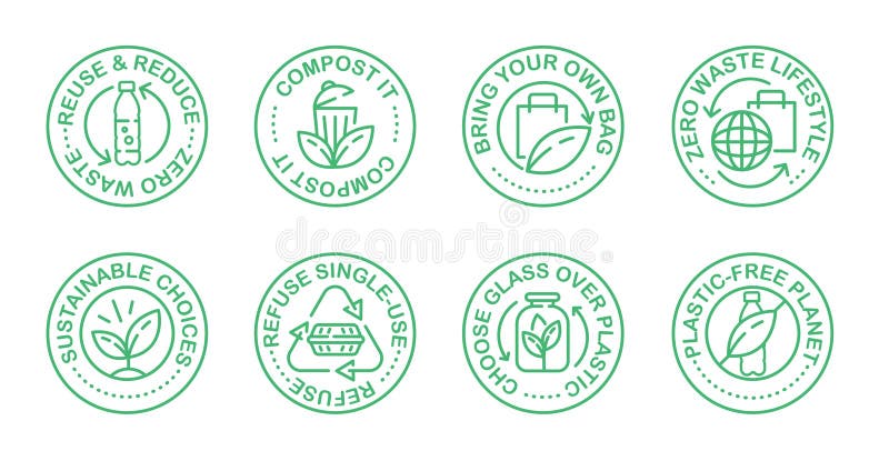 Minimalist Line Art Badges Set, Zero Waste Concepts with Circular Icons ...