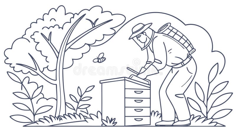 Minimalist Line Art of a Beekeeper and a Beehive, Vector Design ...