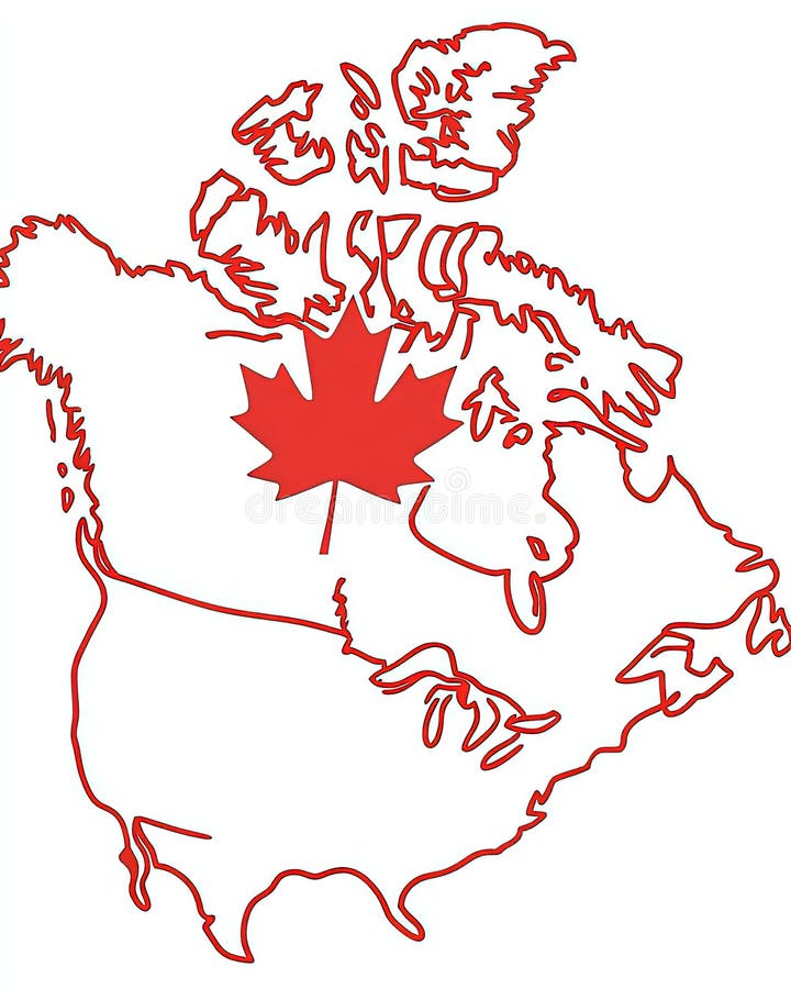 Minimalist Line Art Drawing of Canadas Map Featuring a Central Red ...