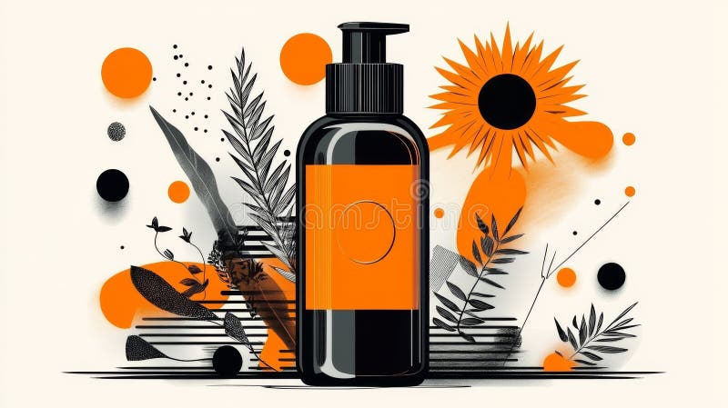Minimalist Line Art Illustration of Sunscreen Bottle with Botanical ...