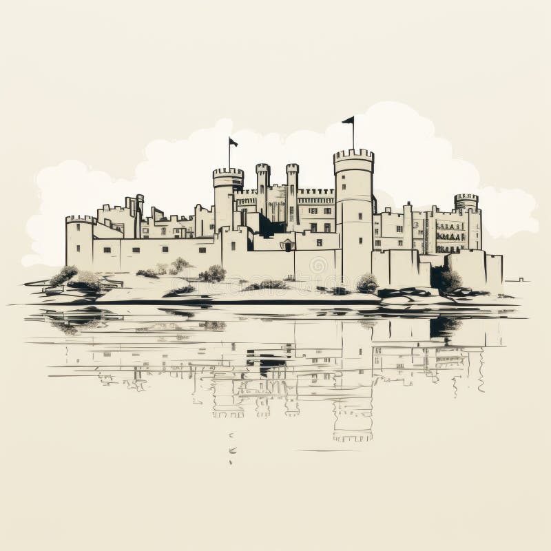 Vintage Graphic Design: England Castle Drawn in Ink with Reflection ...