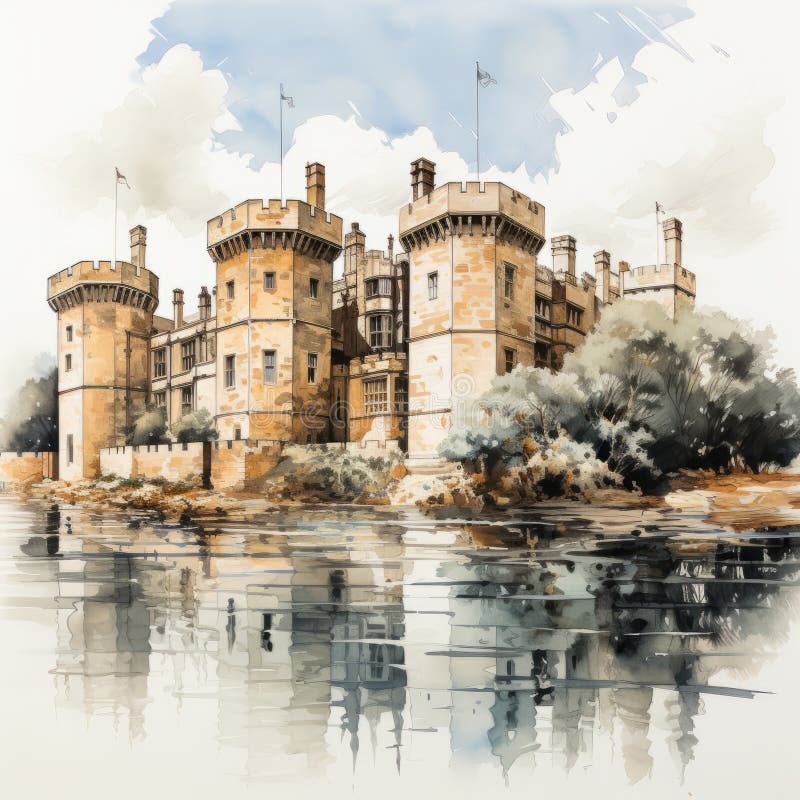 Watercolor Painting of Castle by the River in High Dynamic Range Style ...