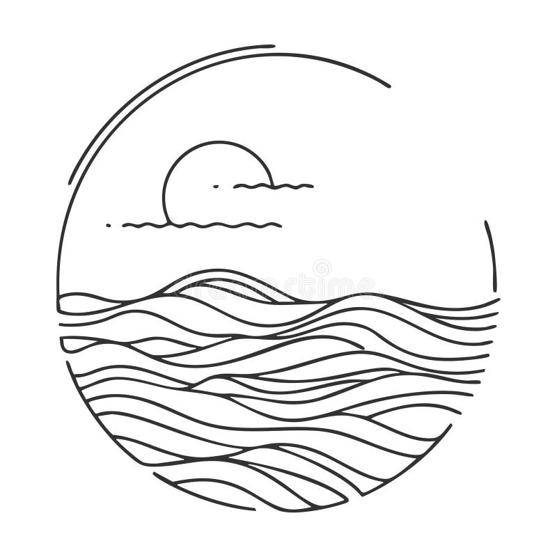 Minimalist Line Art of a Sunset Over Ocean Waves in a Circle. Stock ...