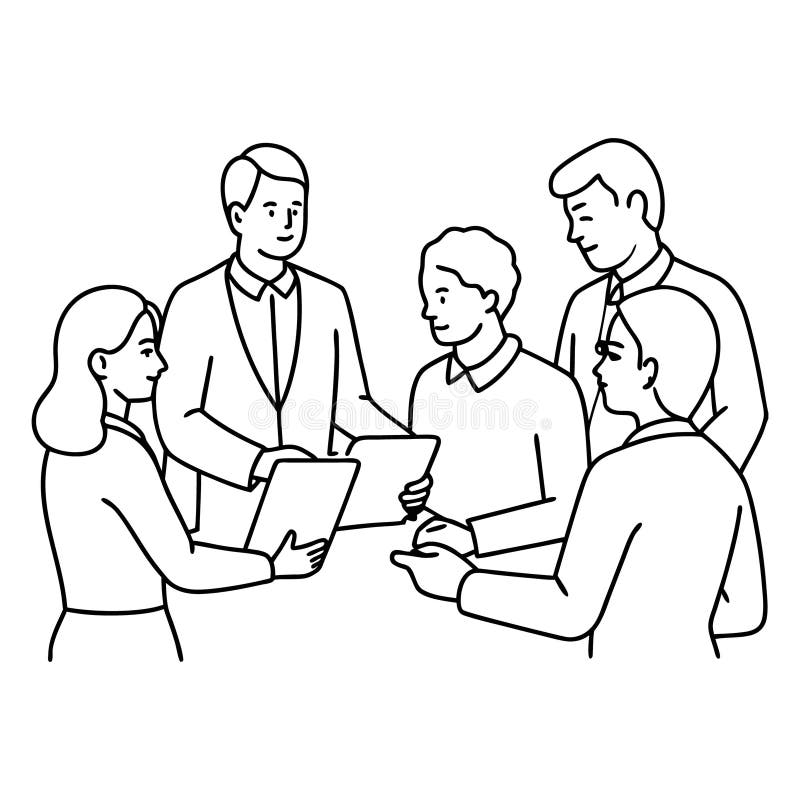Minimalist Line Art Vector Business Meeting with Five Professionals ...