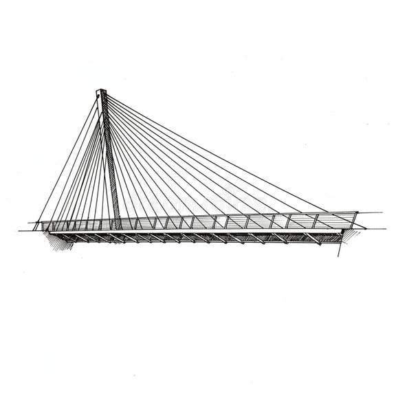 Minimalist Line Drawing of a Cable-stayed Bridge. Features a Single ...