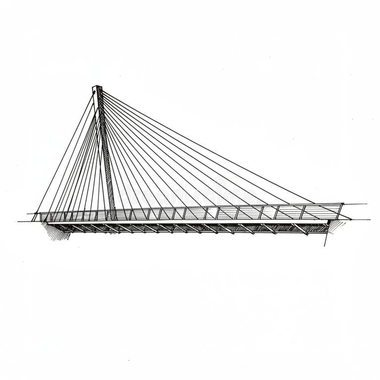 Minimalist Line Drawing of a Cable-stayed Bridge. Features a Single ...