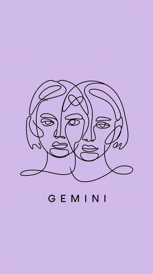 Minimalist Line Drawing of Gemini Faces on Purple Background with Bold ...