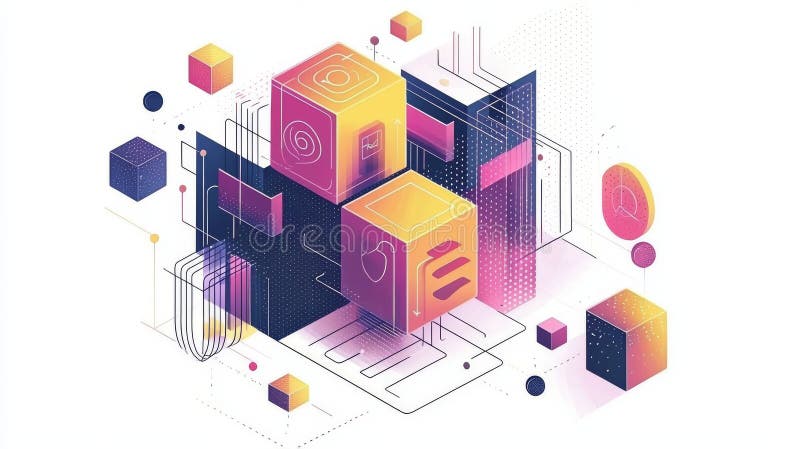A Minimalist Line Drawing of an Isometric Network with Colorful Blocks ...
