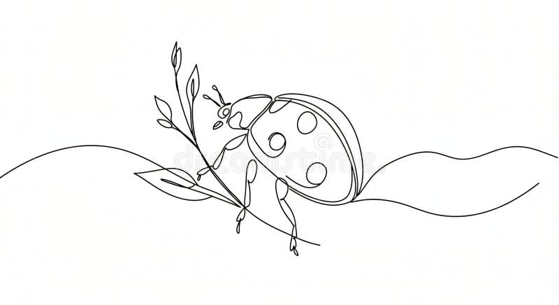 Simple Line Drawing of a Ladybug Ladybeetle on a Branch Leaf Stock ...