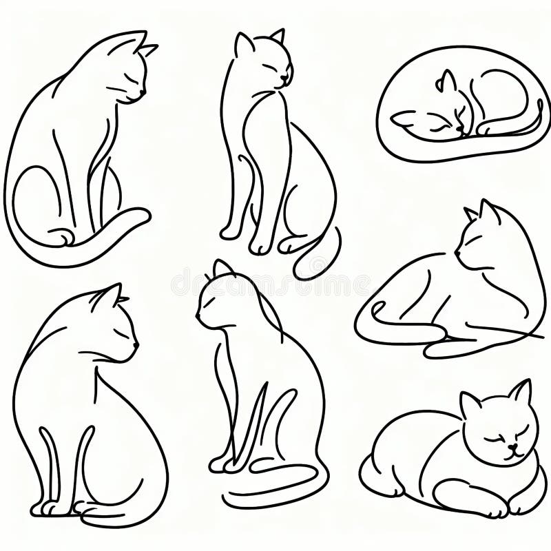 Minimalist Line Drawing of Various Cat Poses, Created with Elegant ...
