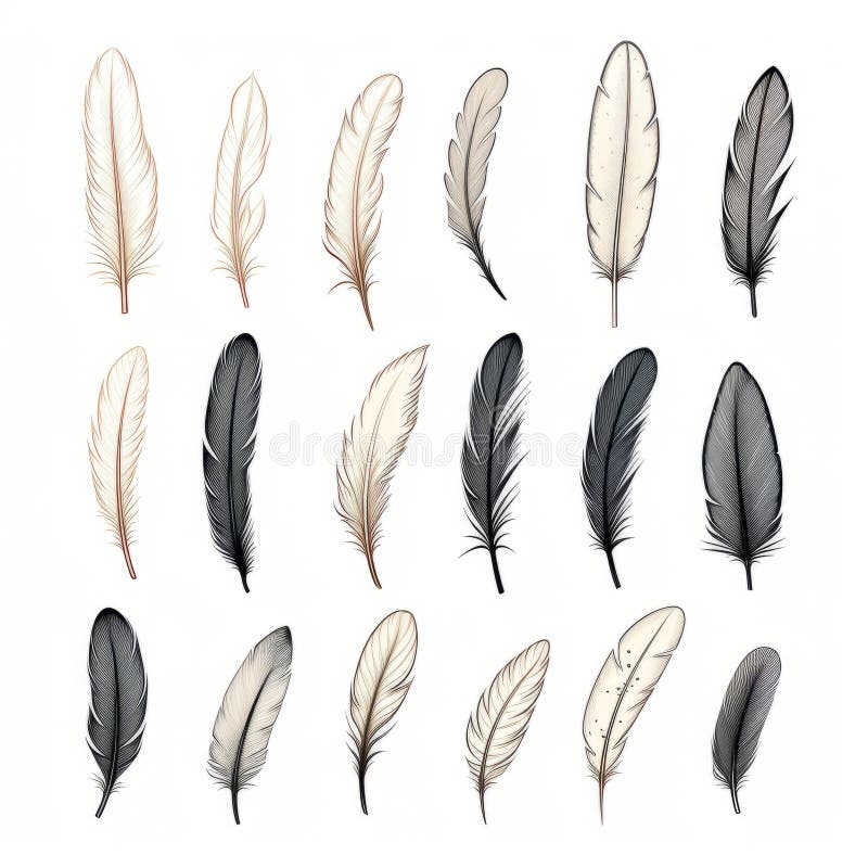 Minimalist Line Drawings of Black and White Feathers Stock Illustration ...