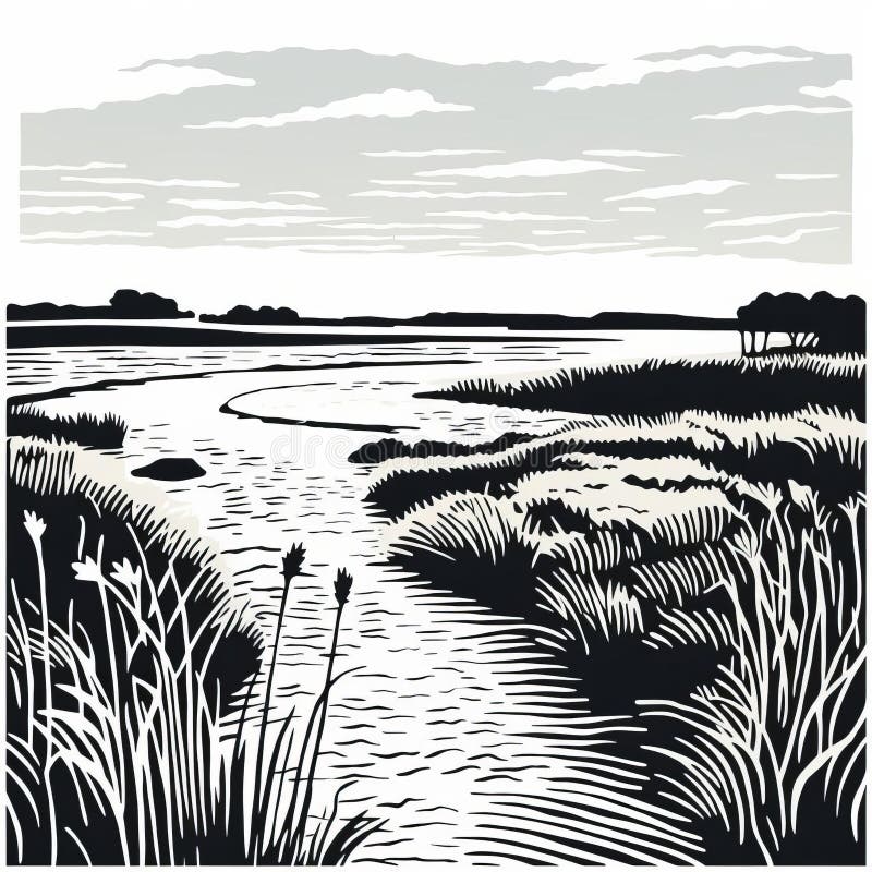 Minimalist Linocut Art: Capturing the Essence of an Estuary in One Line ...