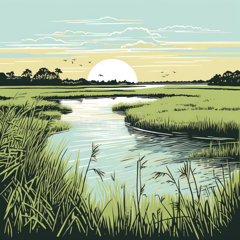 Minimalist Linocut Art: Capturing the Essence of a Marsh in One Line ...