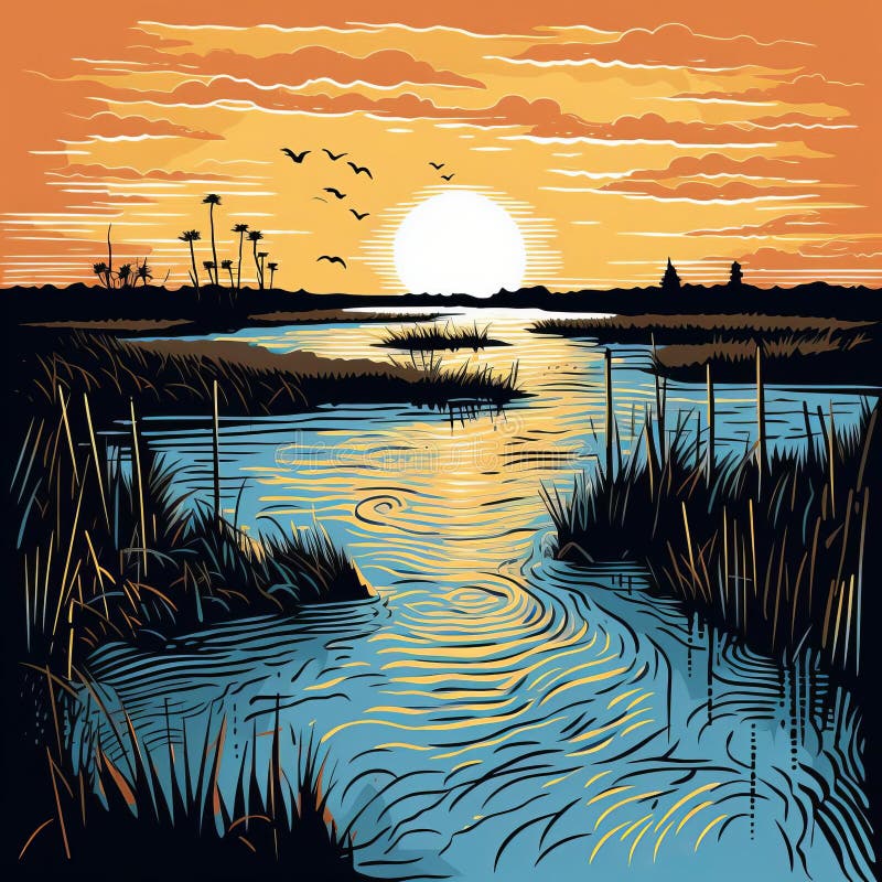 Minimalist Linocut Art: One-color Marsh Design with Negative Space ...