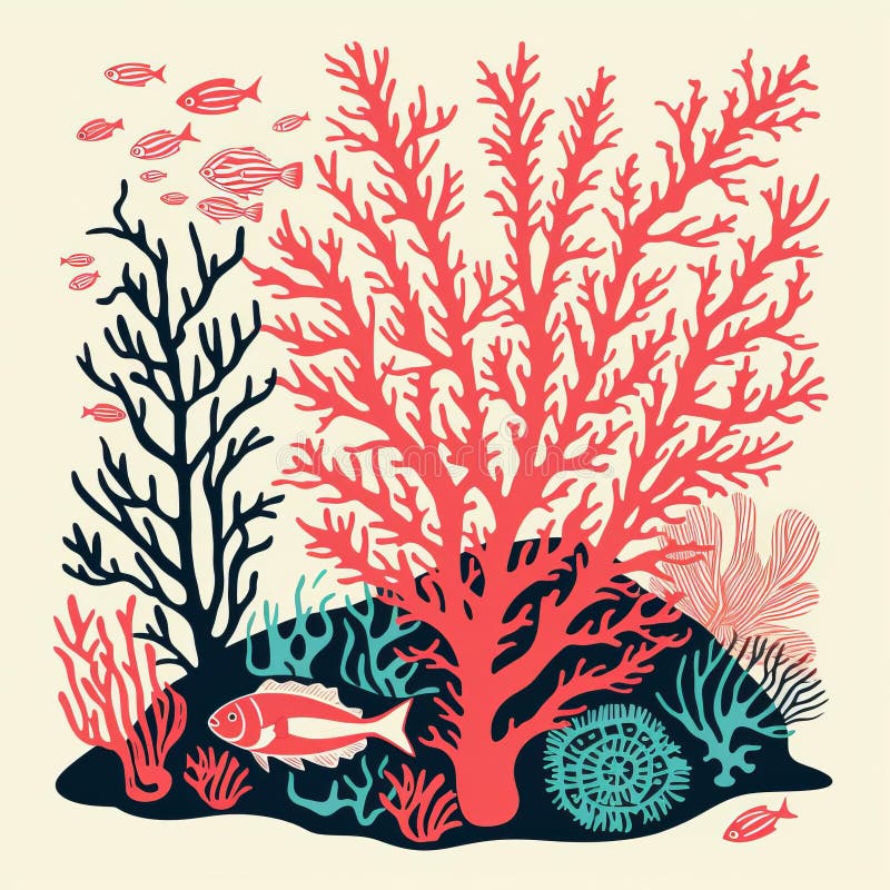 Minimalist Linocut Art: One-color Reef Design with Negative Space ...