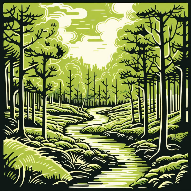 Minimalist Linocut Forest Artwork Embracing Negative Space with Bold ...