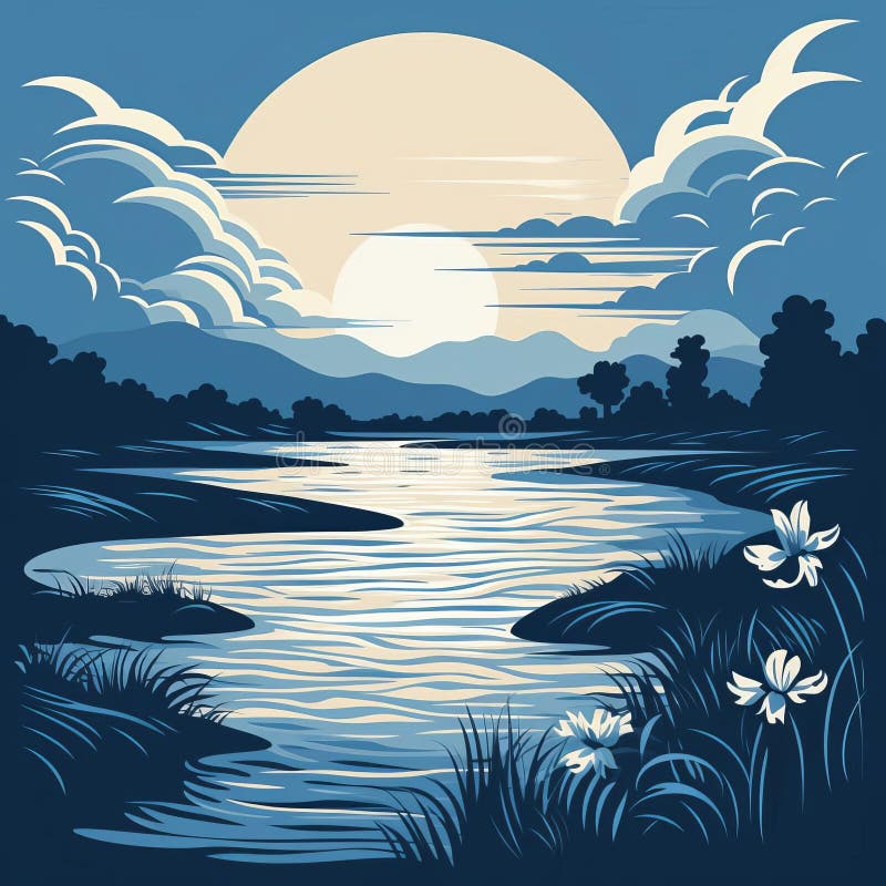 Romantic Moonlit Vintage River Landscape with Trees and Flowers Stock ...