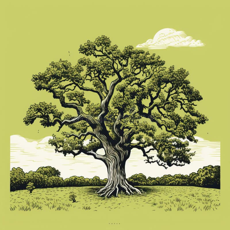 Vintage Poster Style Oak Tree Illustration with Hyper-detailed ...