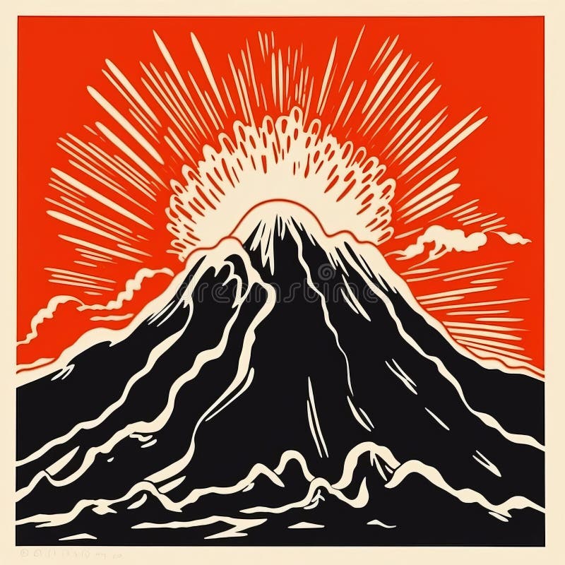 Minimalist Linocut Volcano Artwork: Embracing Negative Space with Bold ...